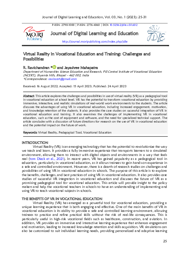 (PDF) Virtual Reality in Vocational Education and Training: Challenges ...