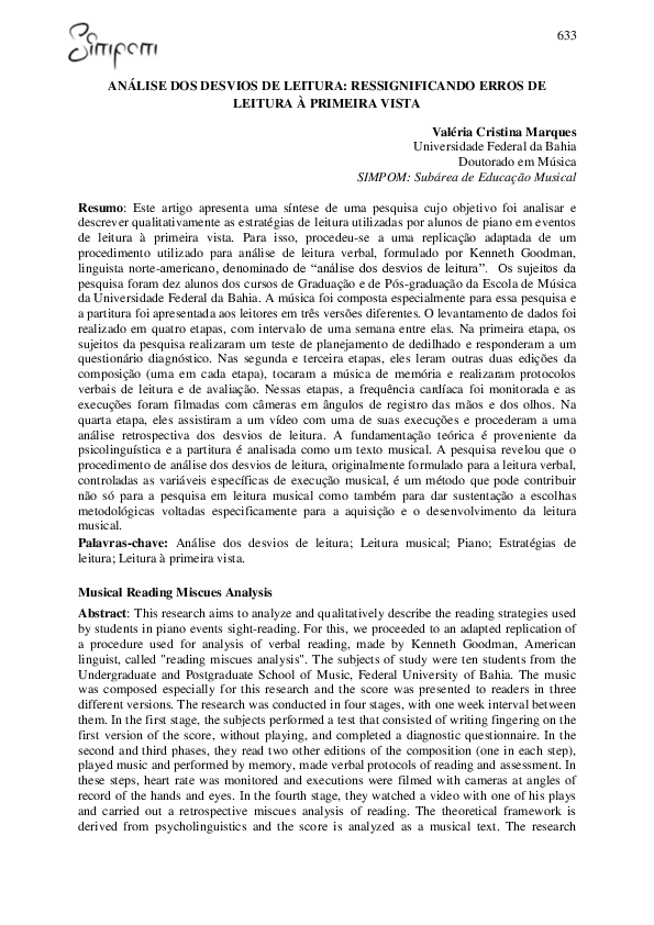 (PDF) Análise Dos Desvios De Leitura: Ressignificando Erros De Leitura ...