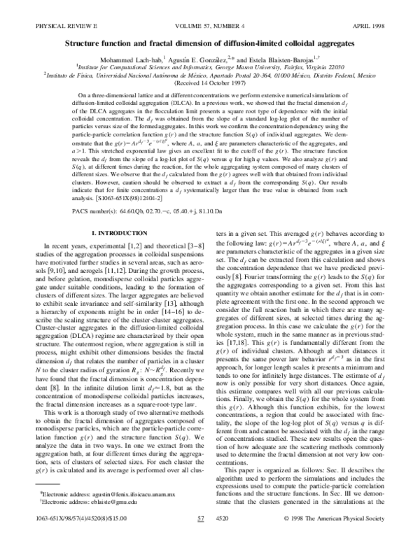 (PDF) Structure function and fractal dimension of diffusion-limited ...