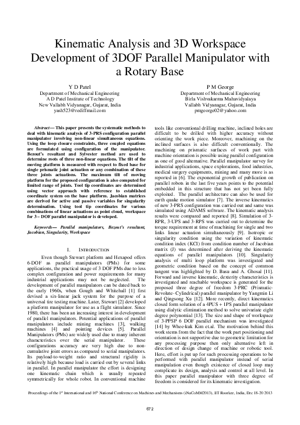 Pdf Kinematic Analysis And 3d Workspace Development Of 3dof Parallel Manipulator With A Rotary