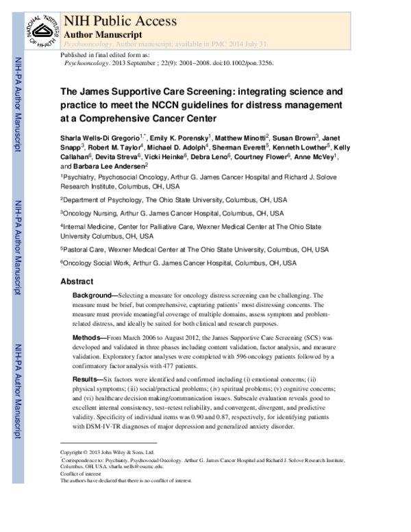 (PDF) The James Supportive Care Screening: integrating science and ...
