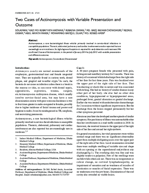 (PDF) Two Cases of Actinomycosis with Variable Presentation and Outcome