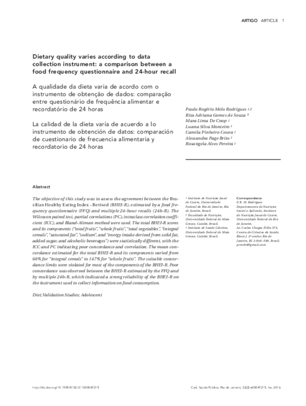 (PDF) Dietary quality varies according to data collection instrument: a ...