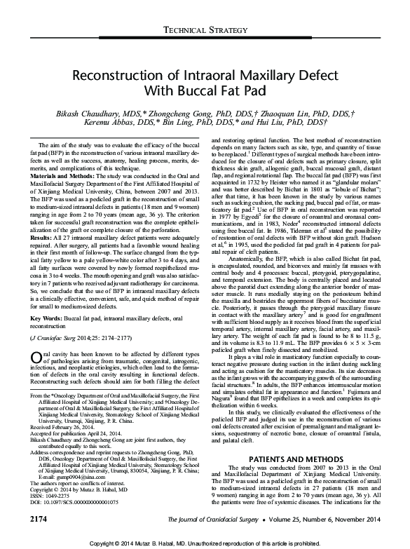 (PDF) Reconstruction of Intraoral Maxillary Defect With Buccal Fat Pad