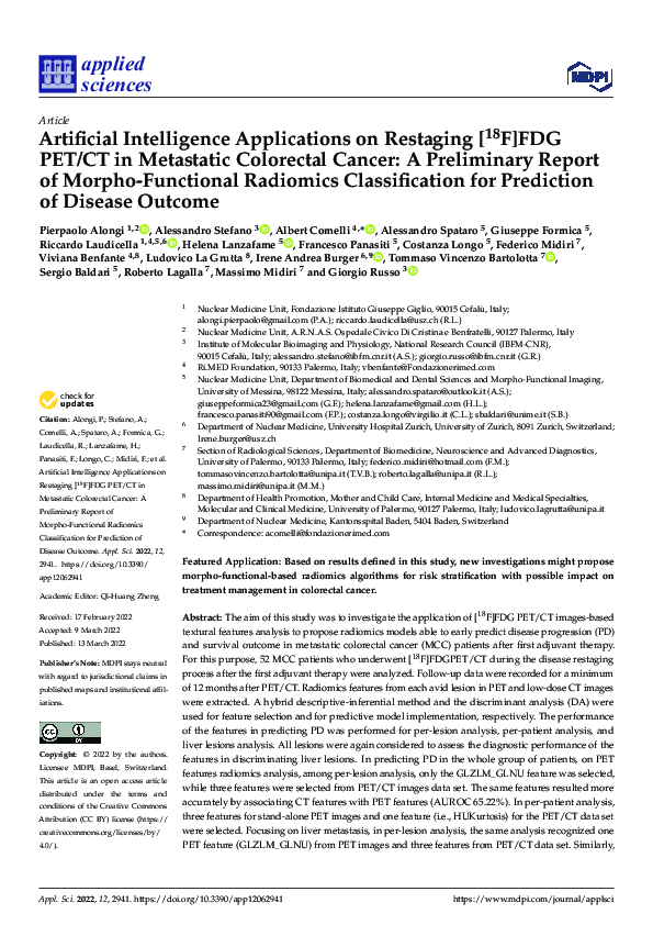 (PDF) Artificial Intelligence Applications on Restaging [18F]FDG PET/CT in Metastatic Colorectal ...
