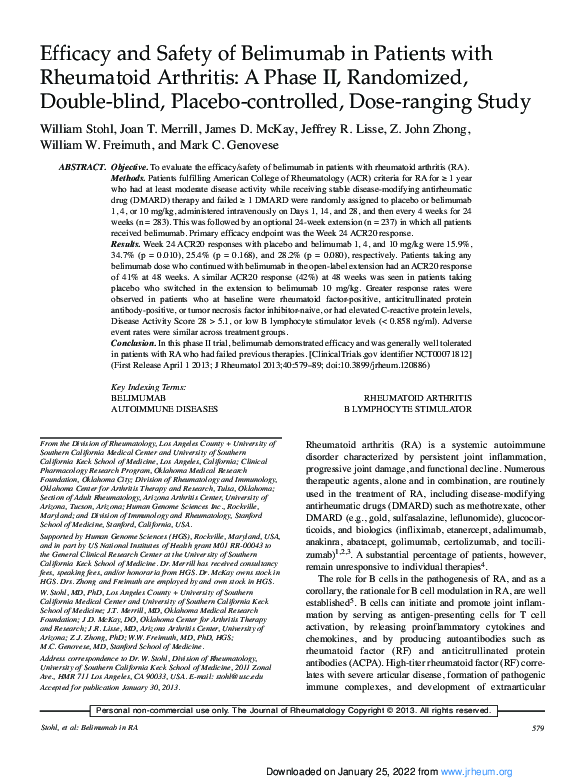 (PDF) Efficacy and Safety of Belimumab in Patients with Rheumatoid Arthritis: A Phase II ...