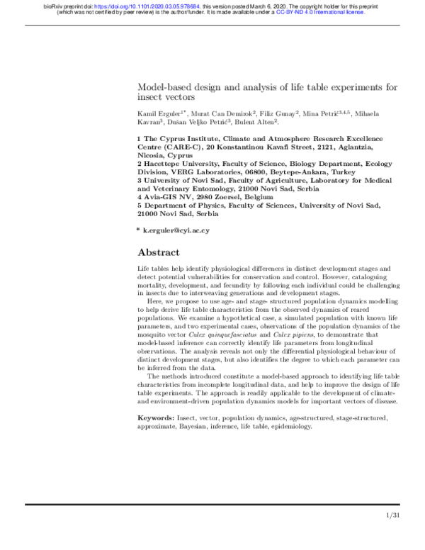 (PDF) Model-based design and analysis of life table experiments for insect vectors | Veljko ...