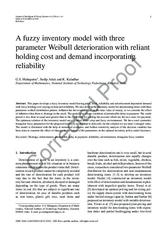 Pdf A Fuzzy Inventory Model With Three Parameter Weibull Deterioration With Reliant Holding