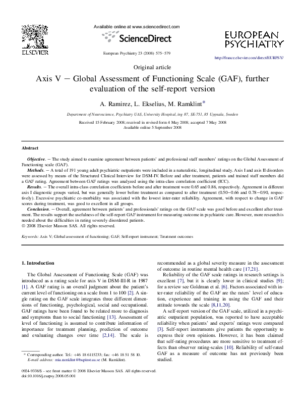 (PDF) Axis V – Global Assessment of Functioning Scale (GAF), further ...