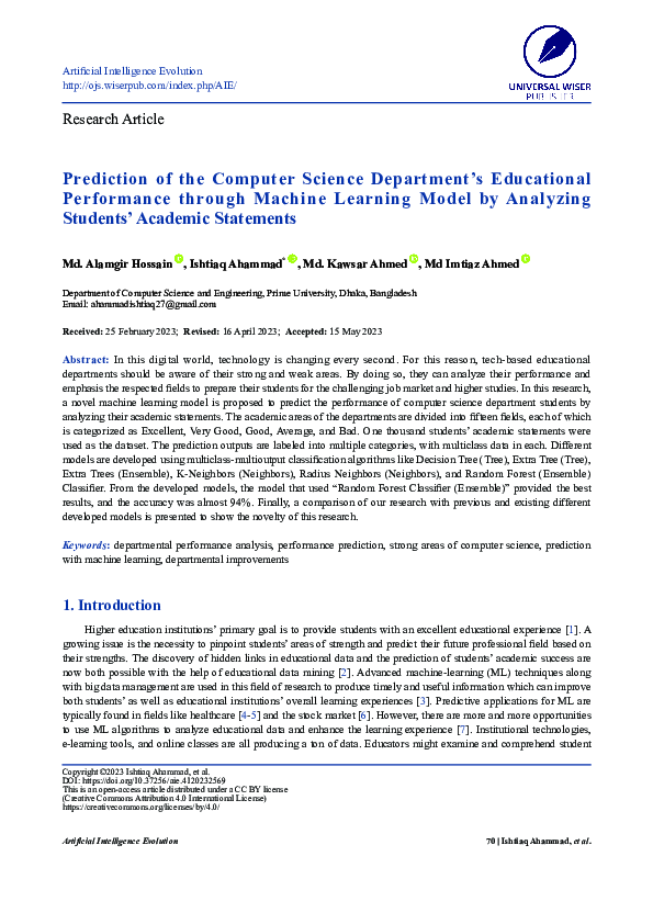 (PDF) Prediction of the Computer Science Department's Educational Performance through Machine ...