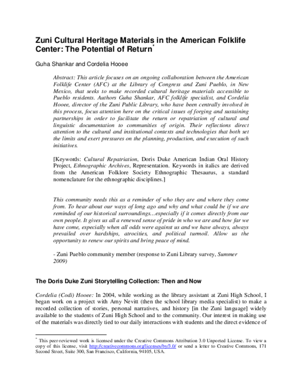 (PDF) Zuni Cultural Heritage Materials in the American Folklife Center ...