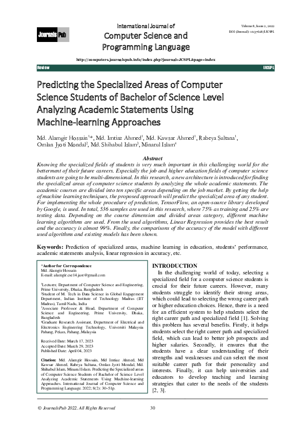(PDF) Predicting the Specialized Areas of Computer Science Students of Bachelor of Science Level ...