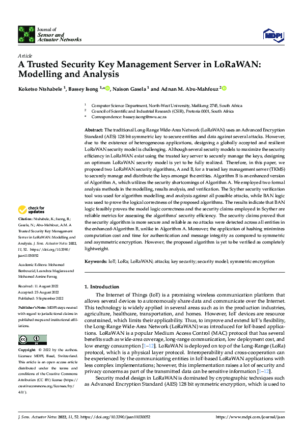 (PDF) A Trusted Security Key Management Server in LoRaWAN: Modelling ...