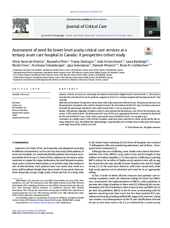 (PDF) Assessment of need for lower level acuity critical care services ...