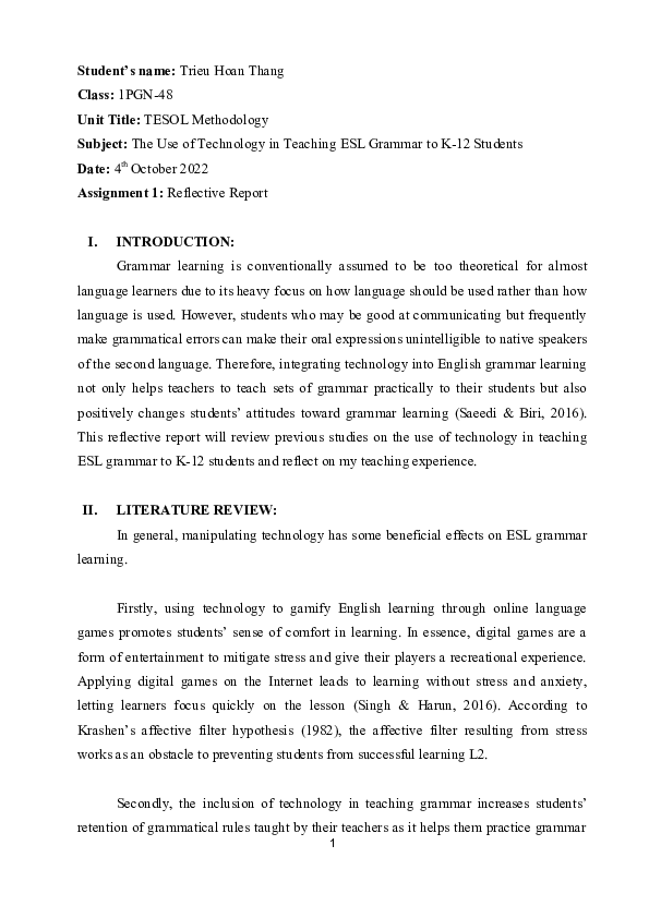 (DOC) TESOL METHODOLOGY - Assignment 1 - Reflective Report