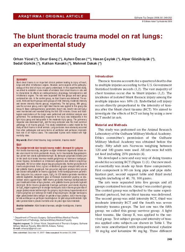 (PDF) The blunt thoracic trauma model on rat lungs: an experimental study