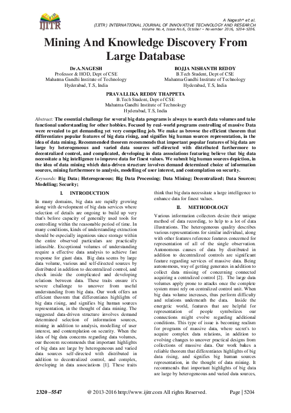 (PDF) Mining and Knowledge Discovery from Large Database