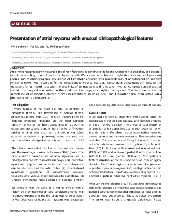 (PDF) Presentation of atrial myxoma with unusual clinicopathological ...