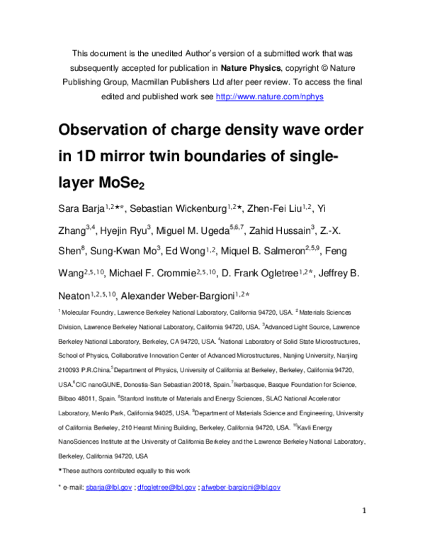 (PDF) Observation of charge density wave order in 1D mirror twin boundaries of single-layer MoSe2