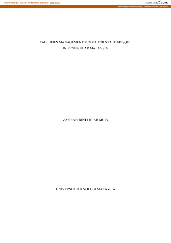 (PDF) Facilities management model for state mosque in Peninsular Malaysia