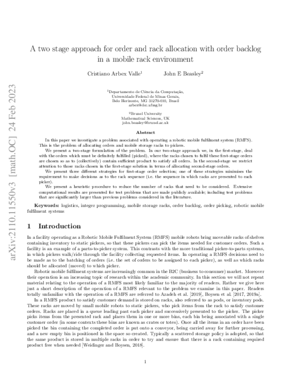 (PDF) A two stage approach for order and rack allocation with order ...