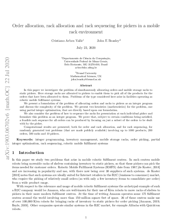 (PDF) Order allocation, rack allocation and rack sequencing for pickers ...