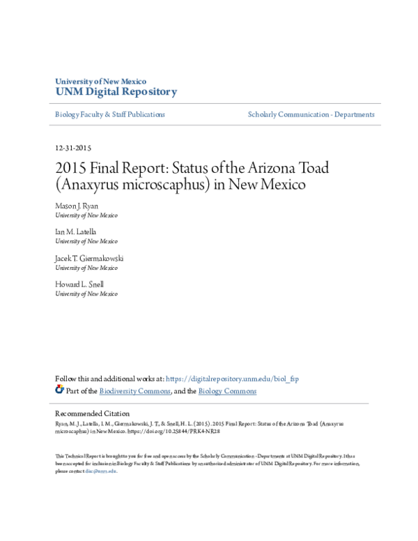 (PDF) 2015 Final Report: Status of the Arizona Toad (Anaxyrus ...