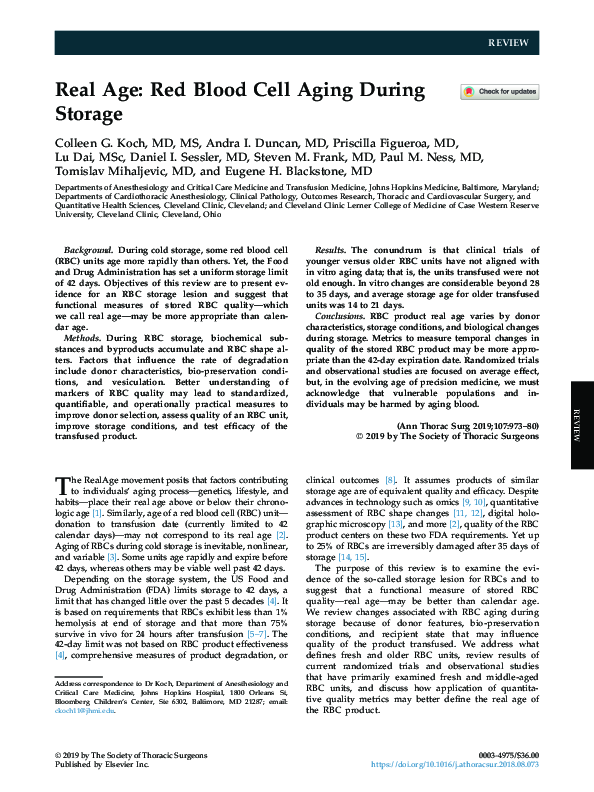 (PDF) Real Age: Red Blood Cell Aging During Storage