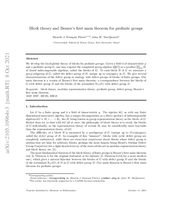 (PDF) Block theory and Brauer's first main theorem for profinite groups