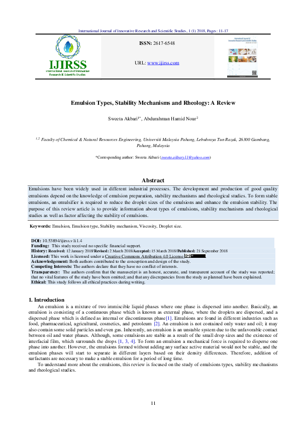 (PDF) Emulsion types, stability mechanisms and rheology: A review