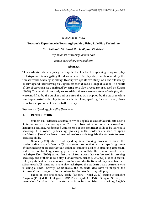 (PDF) Teacher’s Experience in Teaching Speaking Using Role Play Technique (A Qualitative Study ...