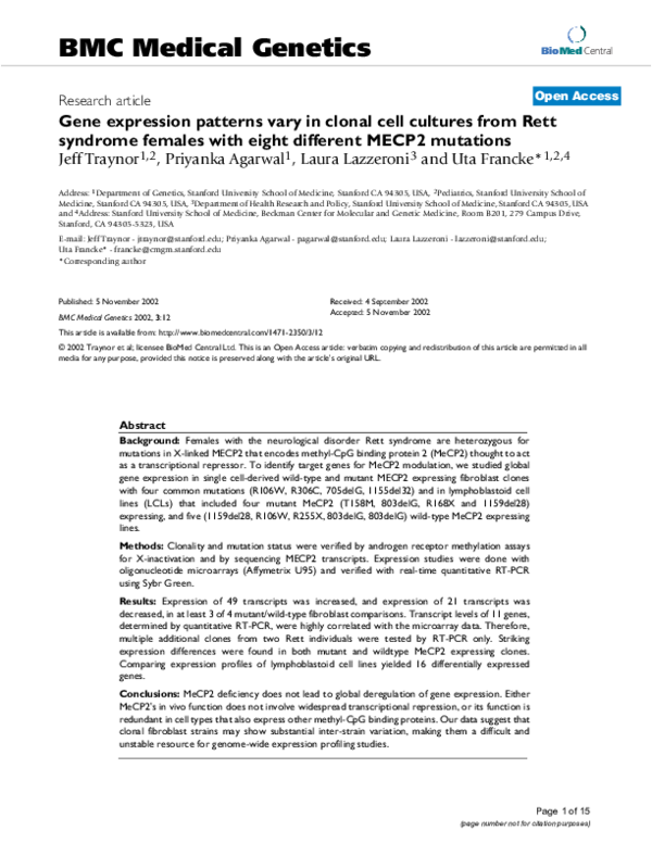(PDF) Gene expression patterns vary in clonal cell cultures from Rett ...