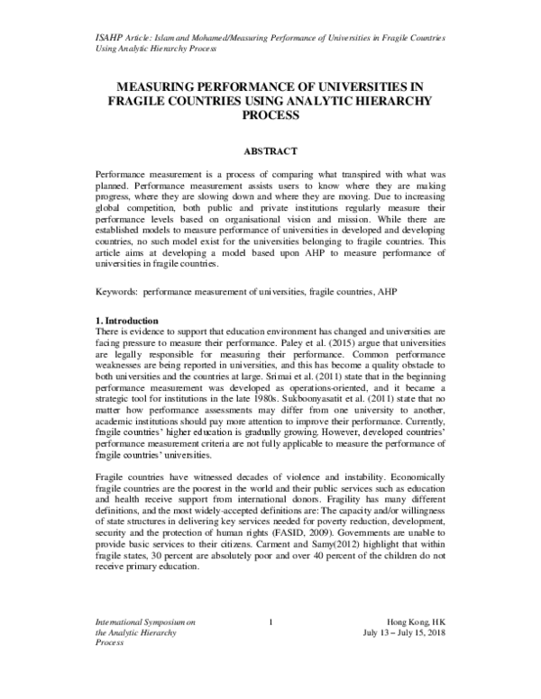 (PDF) Measuring Performance of Universities in Fragile Countries Using Analytic Hierarchy ...