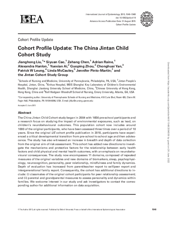(PDF) Cohort Profile Update: The China Jintan Child Cohort Study