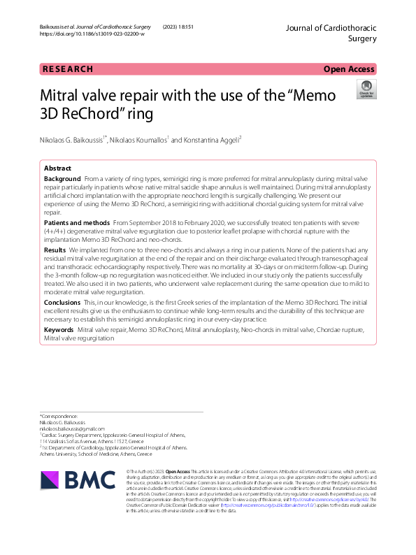 (PDF) Mitral valve repair with the use of the “Memo 3D ReChord” ring