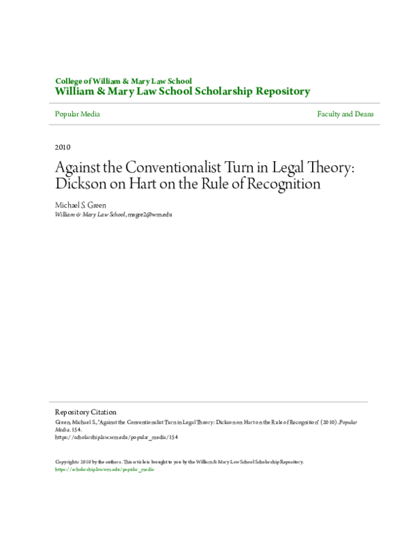 (PDF) Against the Conventionalist Turn in Legal Theory: Dickson on Hart ...