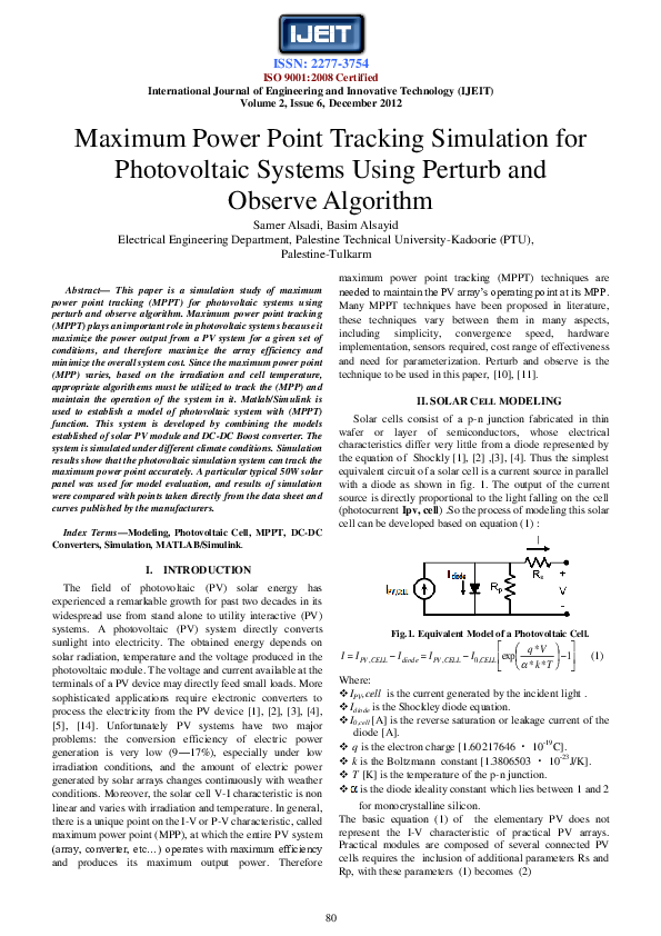 (PDF) Maximum Power Point Tracking Simulation for Photovoltaic Systems Using Perturb and Observe ...