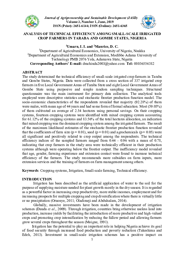 (PDF) Analysis of Technical Efficiency Among Small-Scale Irrigated Crop ...