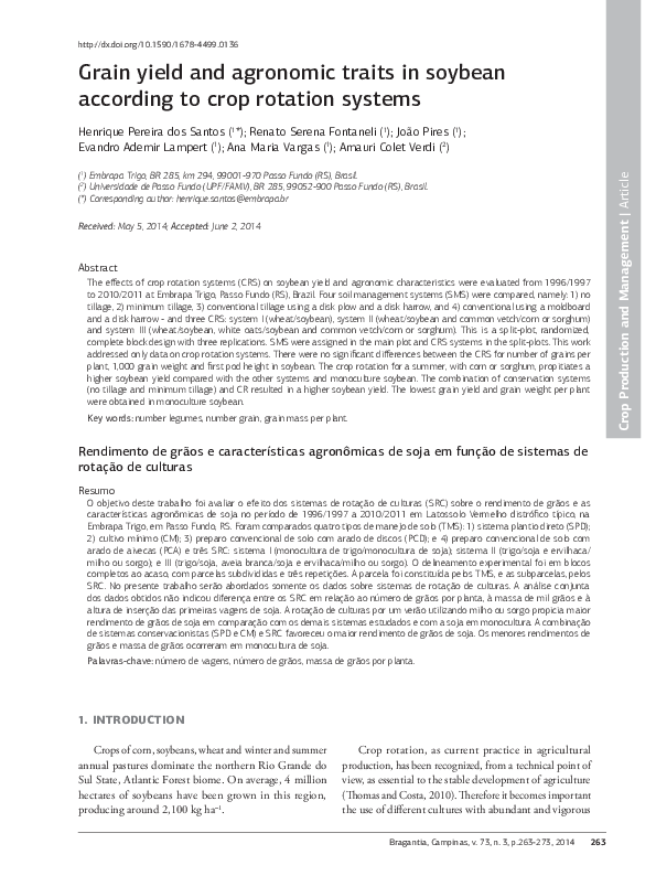 (PDF) Grain yield and agronomic traits in soybean according to crop rotation systems