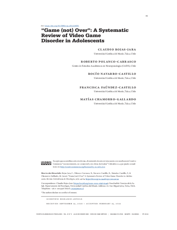 (PDF) “Game (not) Over”: A Systematic Review of Video Game Disorder in Adolescents