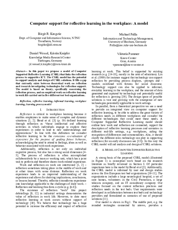 (PDF) Computer Support for Reflective Learning in the Workplace: A Model | Birgit R. Krogstie ...