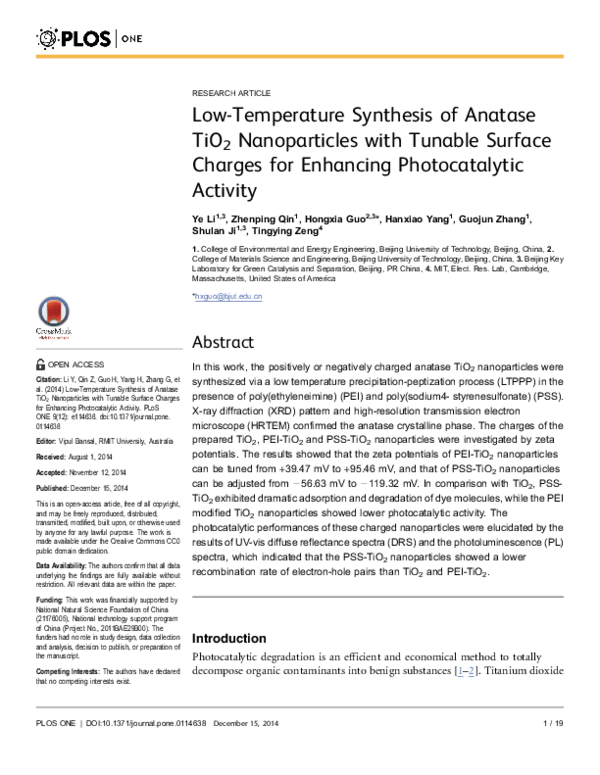 (PDF) Low-Temperature Synthesis of Anatase TiO2 Nanoparticles with Tunable Surface Charges for ...