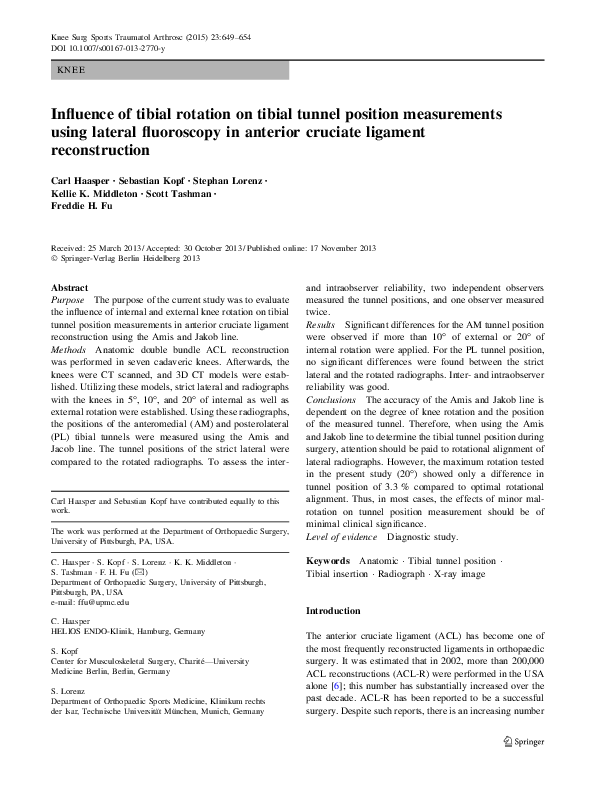 (PDF) Influence of tibial rotation on tibial tunnel position measurements using lateral ...