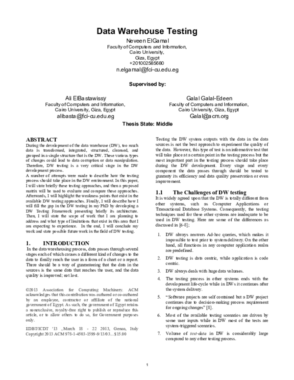 (PDF) Data warehouse testing