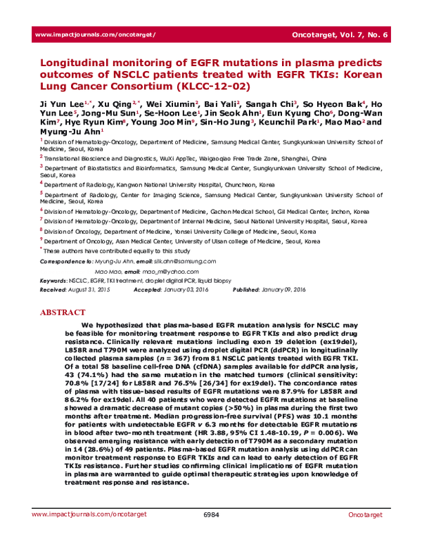 (PDF) Longitudinal monitoring of EGFR mutations in plasma predicts outcomes of NSCLC patients ...