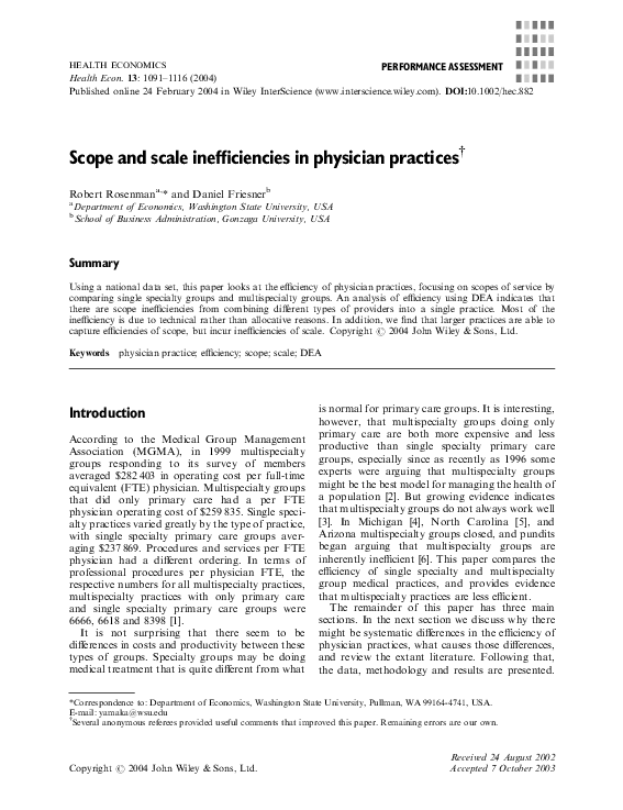 (PDF) Scope and scale inefficiencies in physician practices