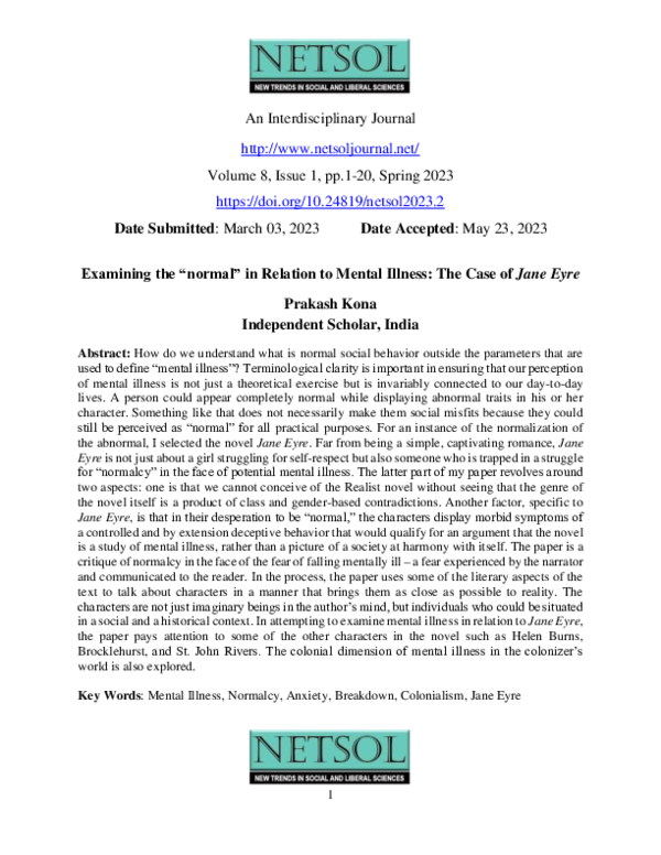 (PDF) Prakash Kona, "Examining the "normal" in Relation to Mental Illness: The Case of Jane Eyre ...