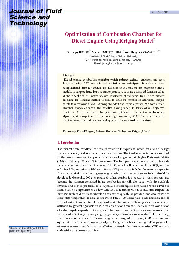 (PDF) Optimization of Combustion Chamber for Diesel Engine Using Kriging Model | S. Obayashi ...
