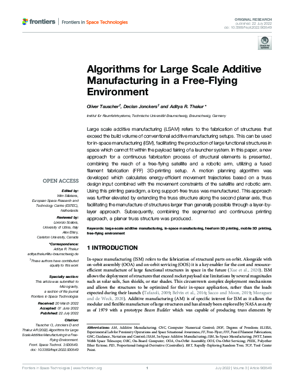 (PDF) Algorithms for Large Scale Additive Manufacturing in a Free-Flying Environment