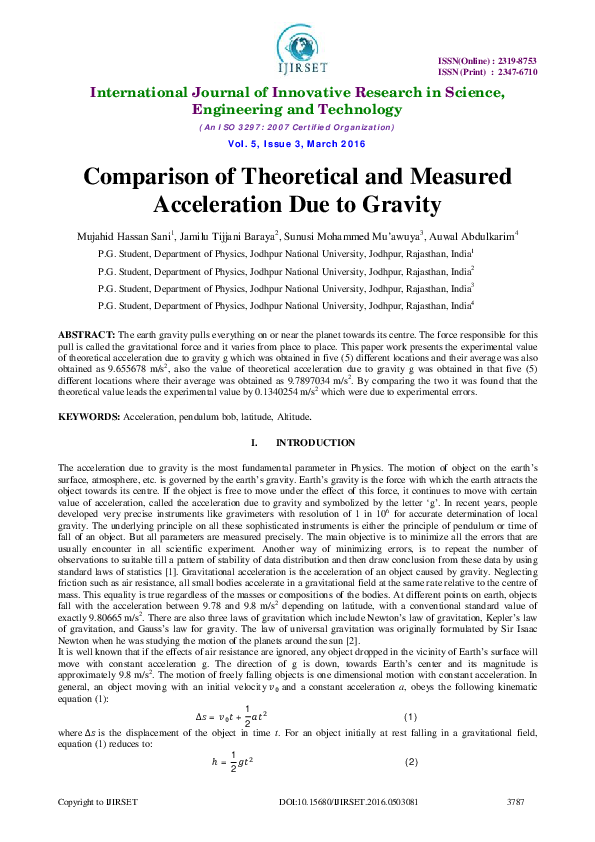 (PDF) Comparison of Theoretical and Measured Acceleration Due to Gravity